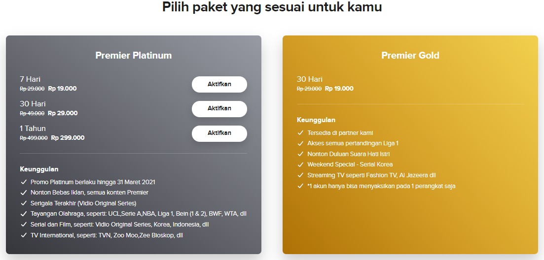 Jenis Paket Berlangganan Vidio Premier dan Link Aktivasinya